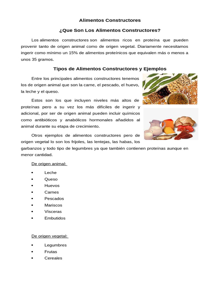 Alimentos Constructores: Tipos y Ejemplos | PDF