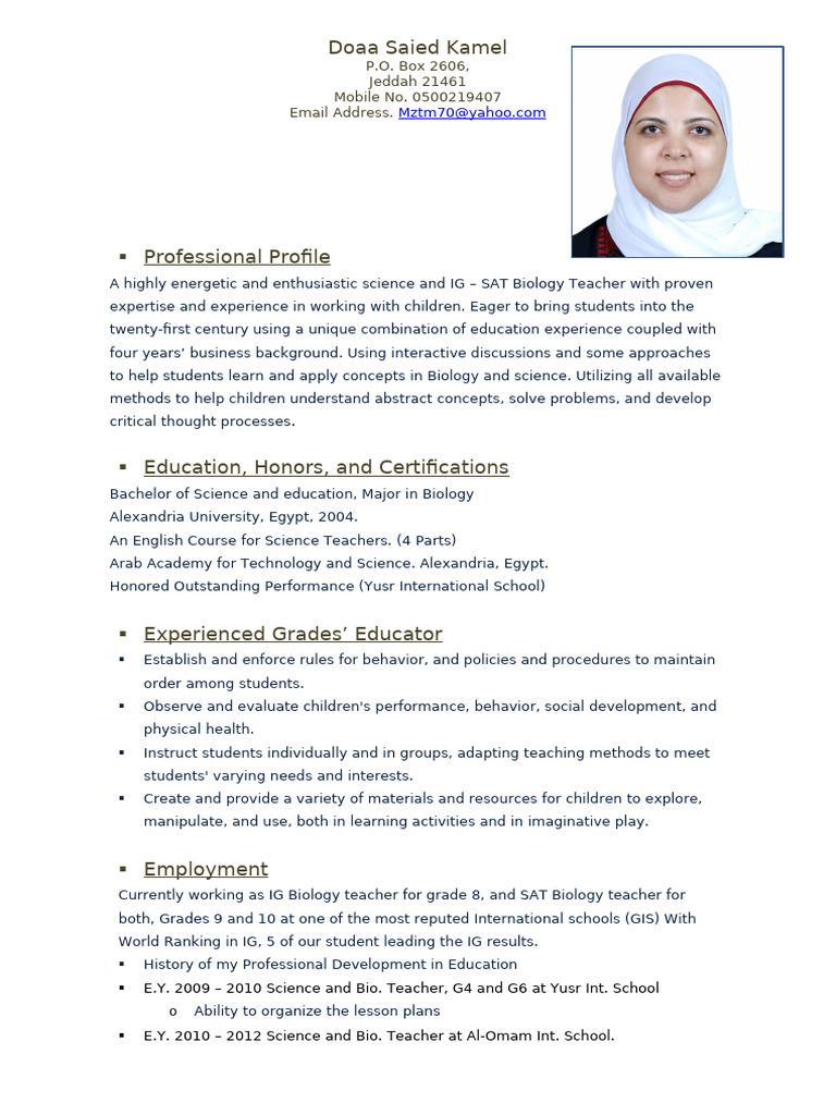 Female Biology Teacher CV | PDF | Teachers | Science