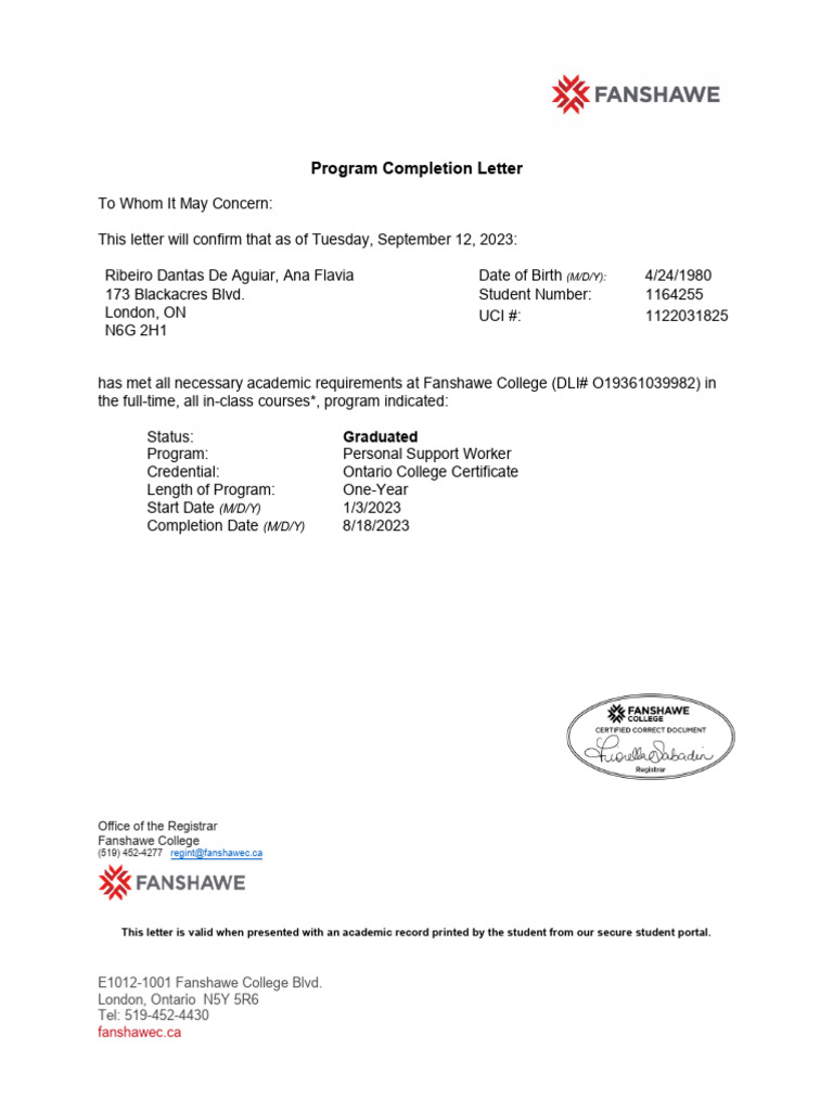Fanshawe College Completion Letter | PDF