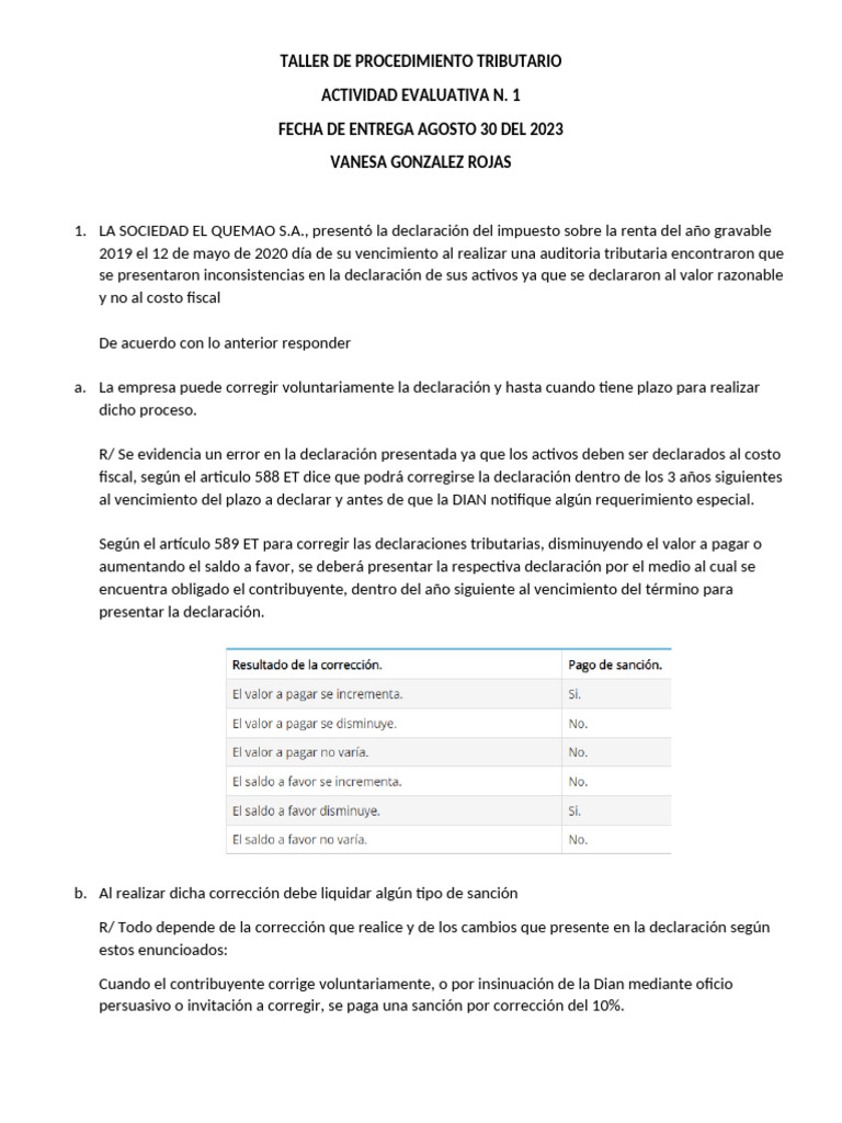 Taller Evaluativo 1 de Procedimiento T Vanesa Gonzalez Rojas | PDF | Finanzas del gobierno ...