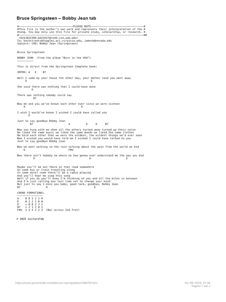Bobby Jean Tab With Lyrics by Bruce Springsteen For Guitar at ...