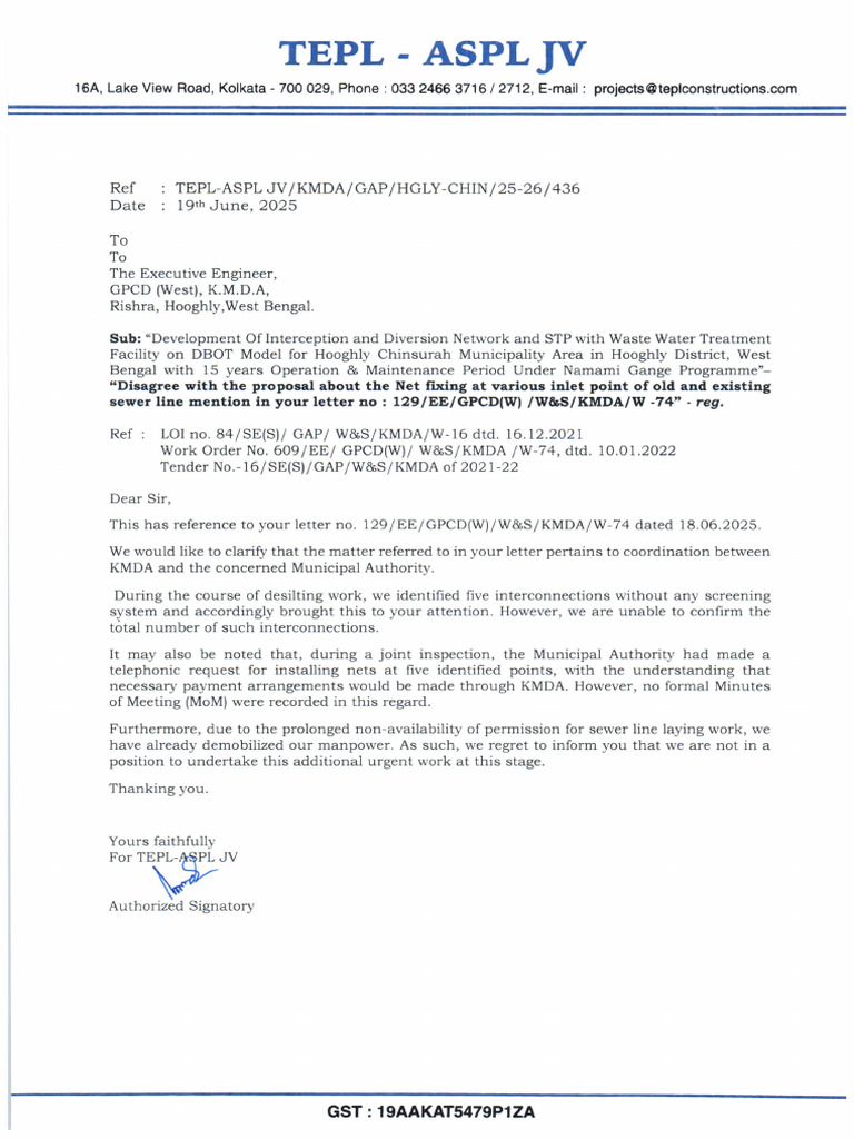 L-436 Letter To Ex - Engg, GPCD (WEST) - Reg. Disagree With The ...