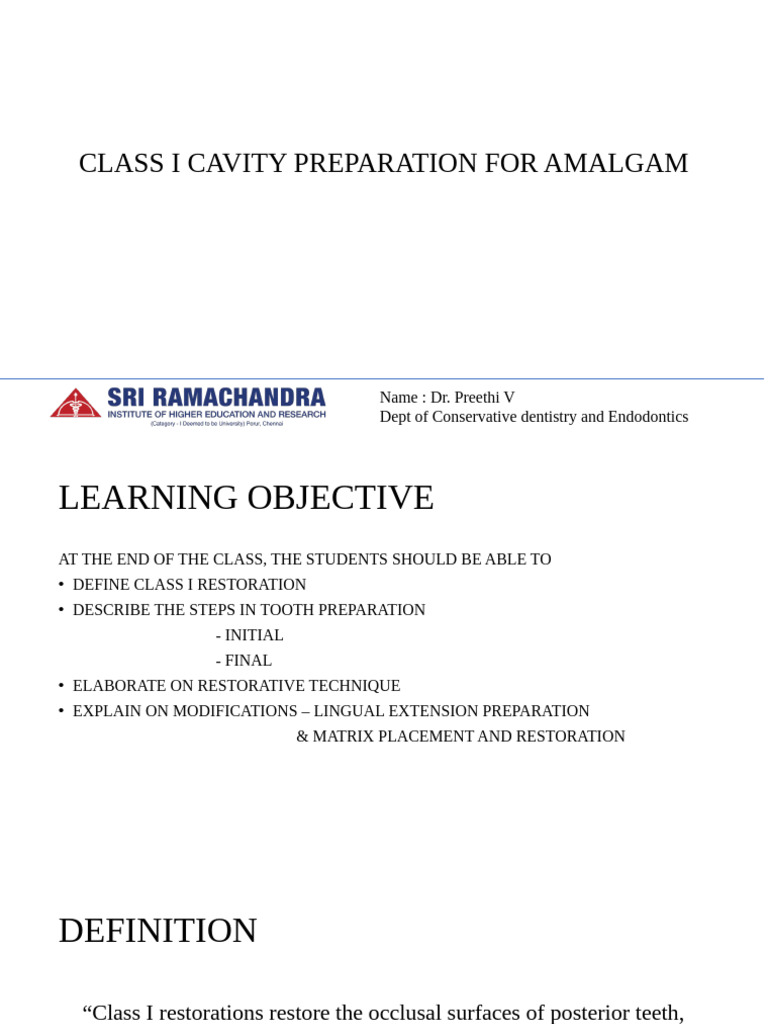 Class I Amalgam Restoration Guide | PDF | Human Tooth | Dentin