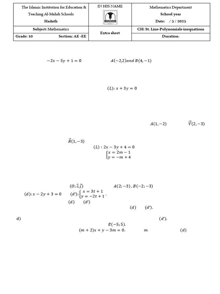 Extra Sheet - Straight Lines - Equations-Inequations-polynomials - St. Lines | PDF | Equations ...