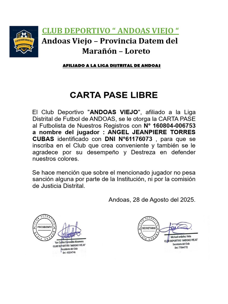 Carta Pase Angel | PDF