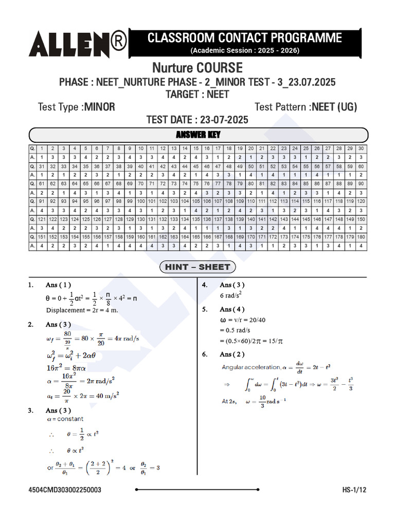 NEET-Nurture - Phase - 2 - Minor Test - 3 - 23.07.2025 - Key ...