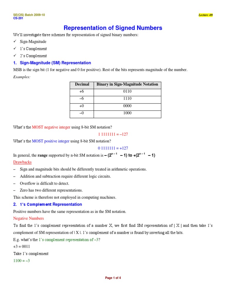 Representation of Signed Numbers: 1. Sign-Magnitude (SM) Representation | PDF | Computer ...