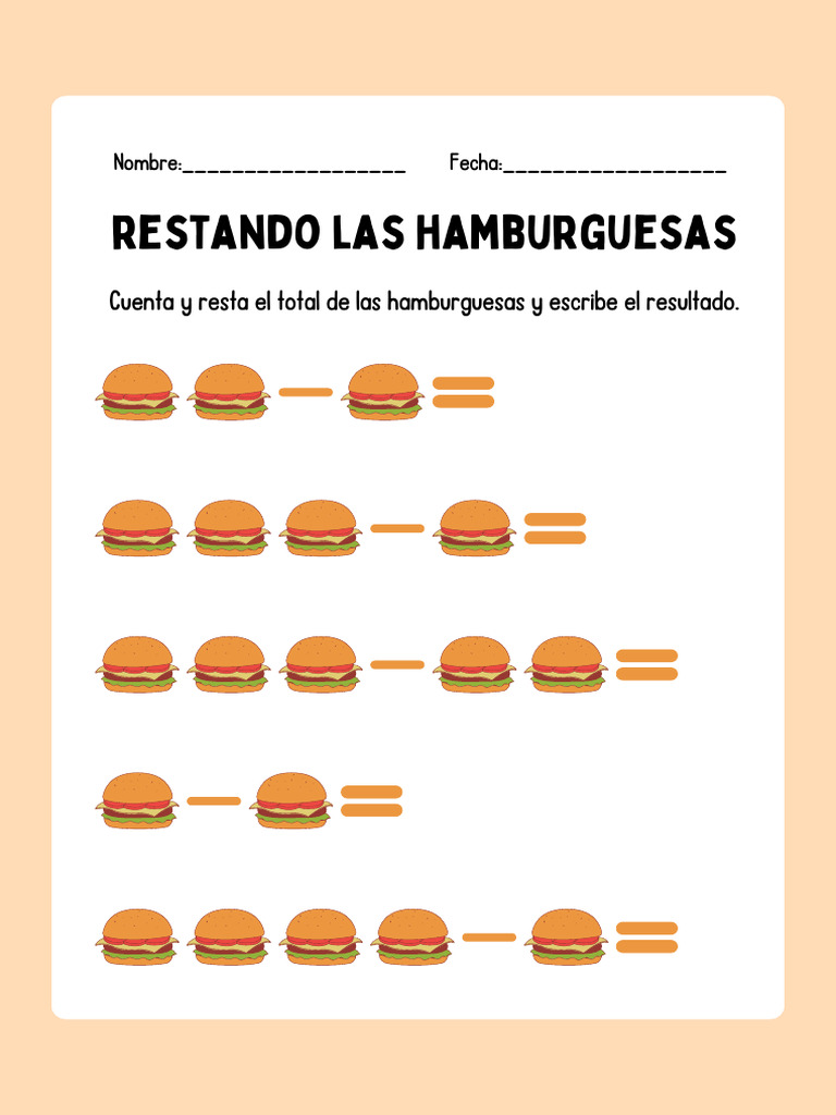 Hoja de Trabajo de Restas Simples en Naranja Ilustrativo | PDF