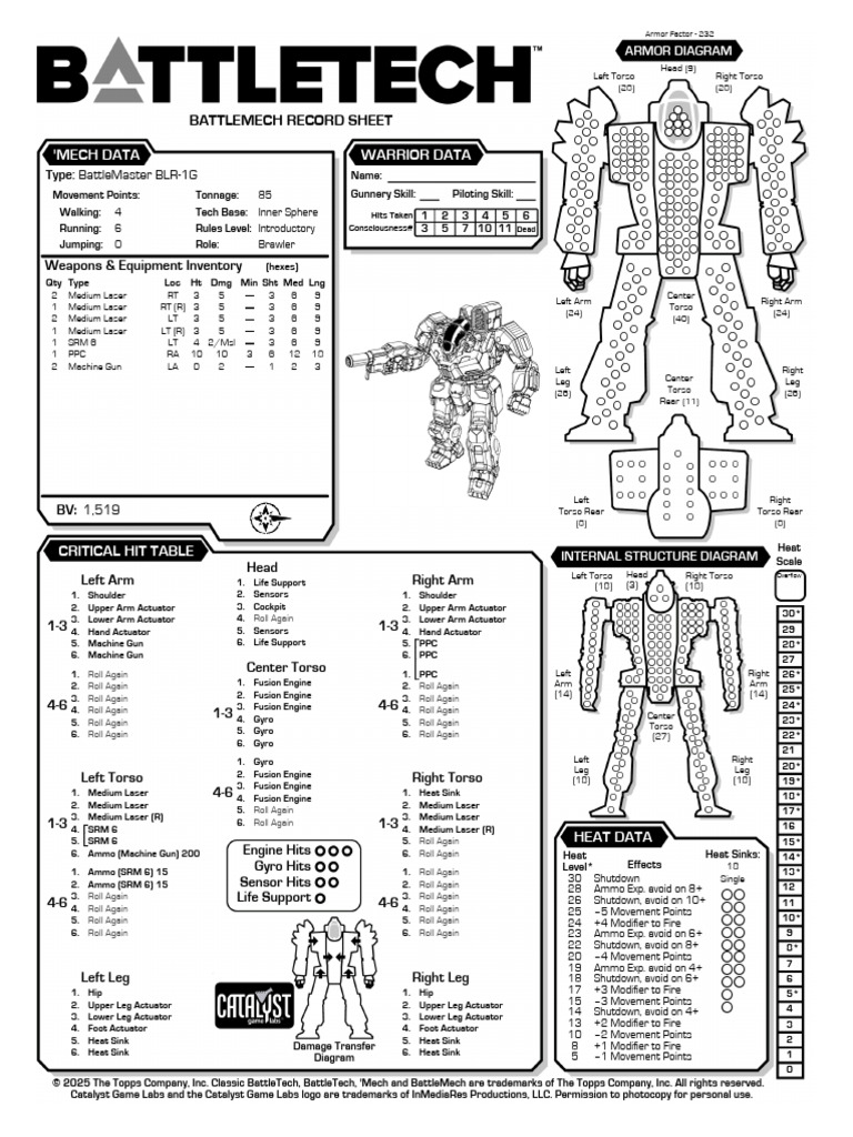 BattleMaster BLR-1G Mech Record Sheet | PDF | Battle Tech