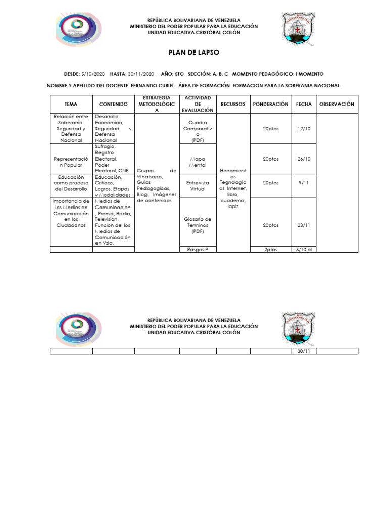 Plan de Lapso 5to Año Educación Vzla | PDF | Aprendizaje