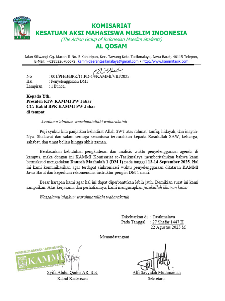 Saya Sedang Berbagi 'Surat Pengajuan Daurah Marhalah 1 KAMMI Unsil 22 ...