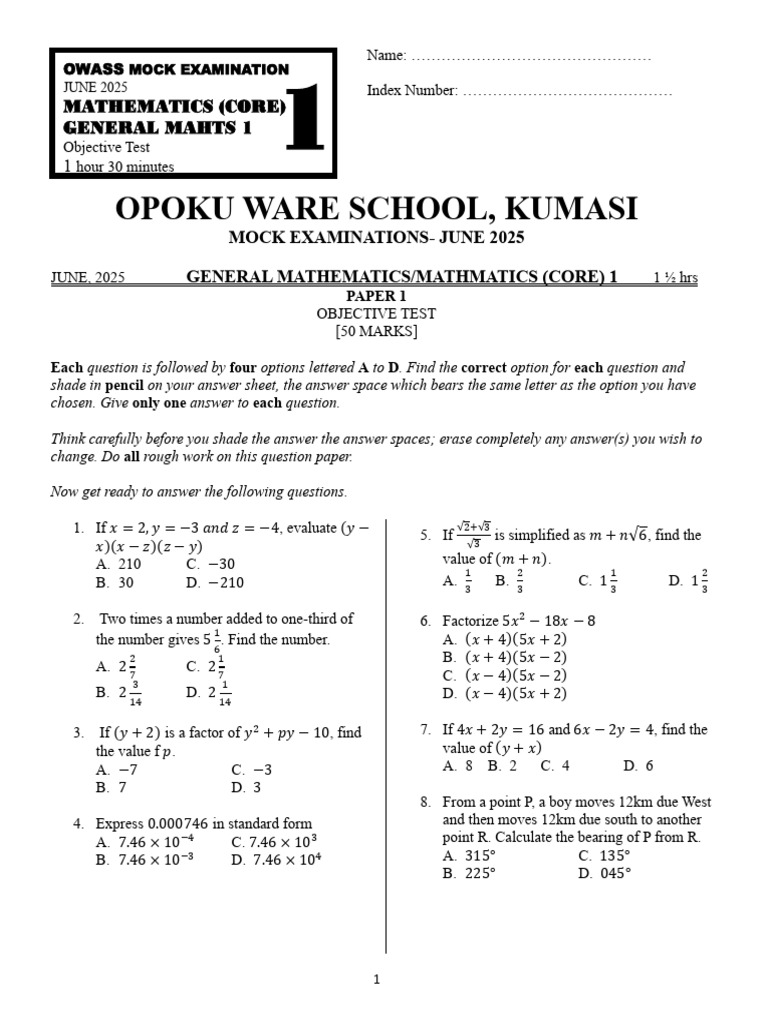 WASSCE 2025 CORE MATHS MOCK | PDF | Mathematics