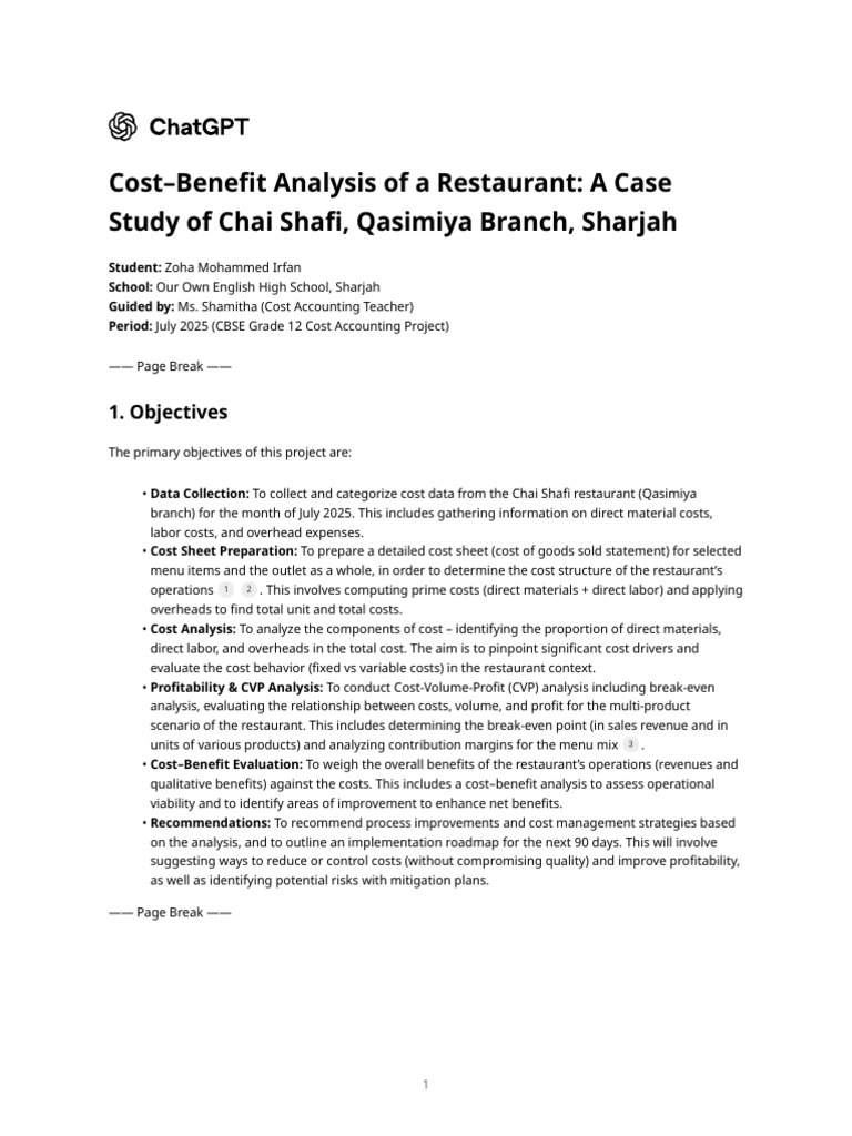 Cost-Benefit Analysis of A Restaurant - A Case Study of Chai Shafi ...
