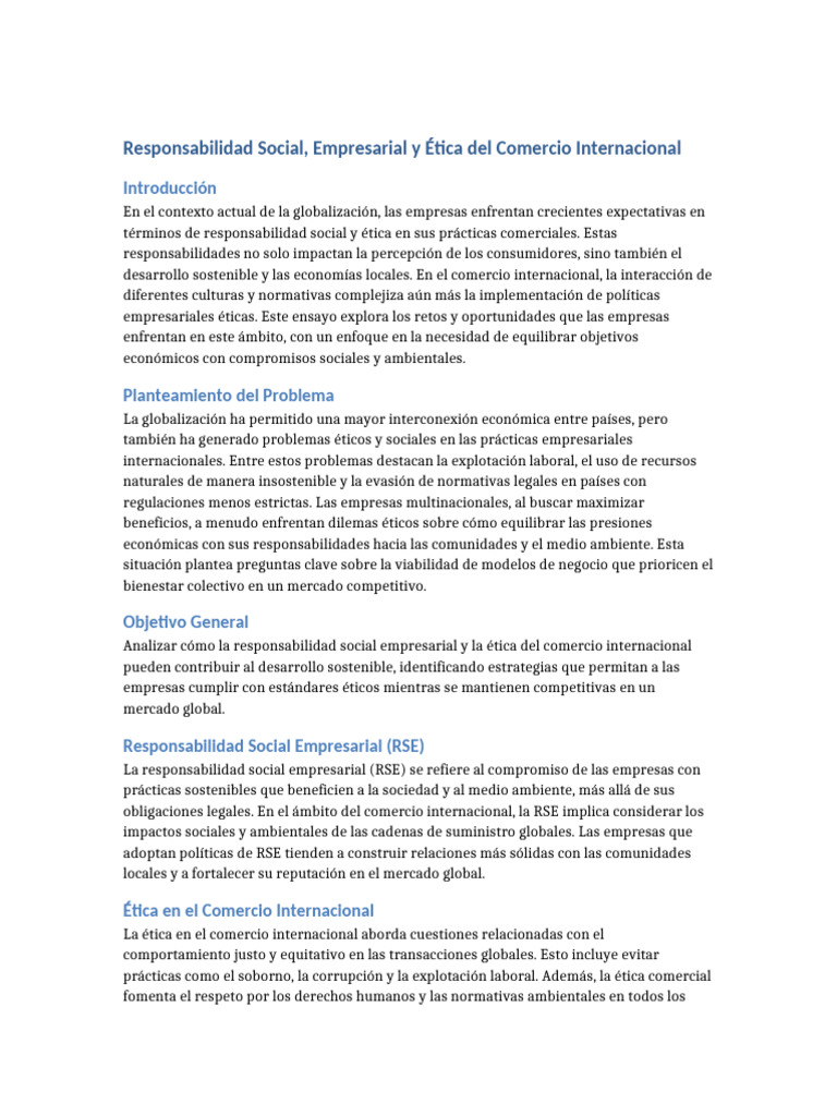 Ensayo RSE Etica Comercio Internacional | PDF | Responsabilidad social ...