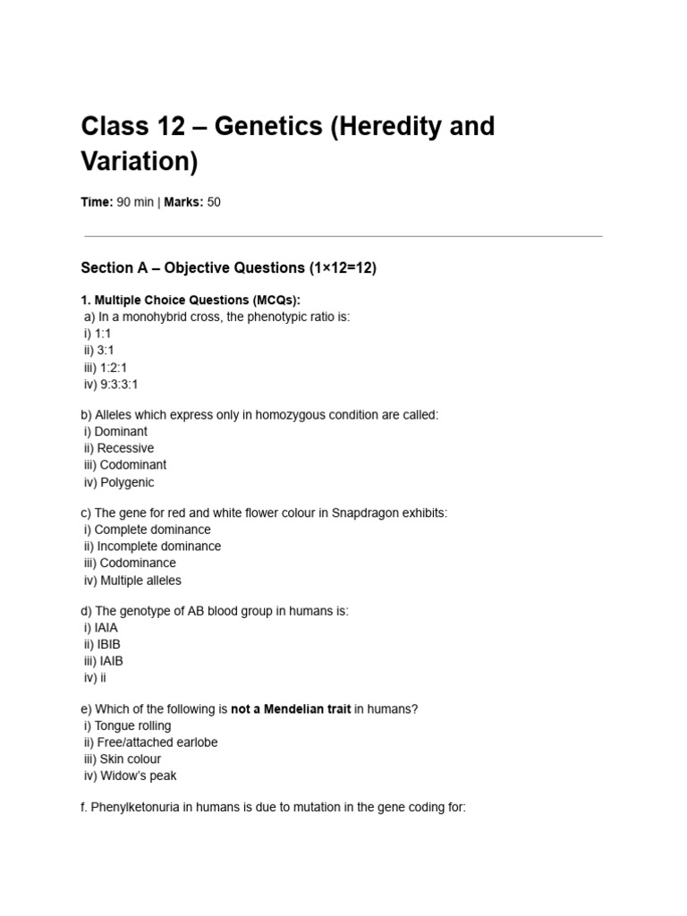 Class 12 – Genetics (Heredity and Variation) | PDF | Genotype ...