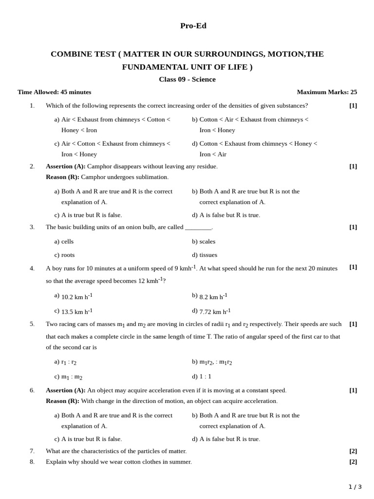 Class 9 Science Combine Test Guide | PDF | Physics | Physical Sciences