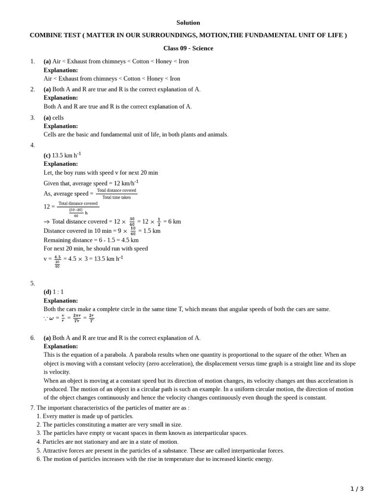 Solution-Combined Test (Matter in Our Surroundings, The Fundamental ...