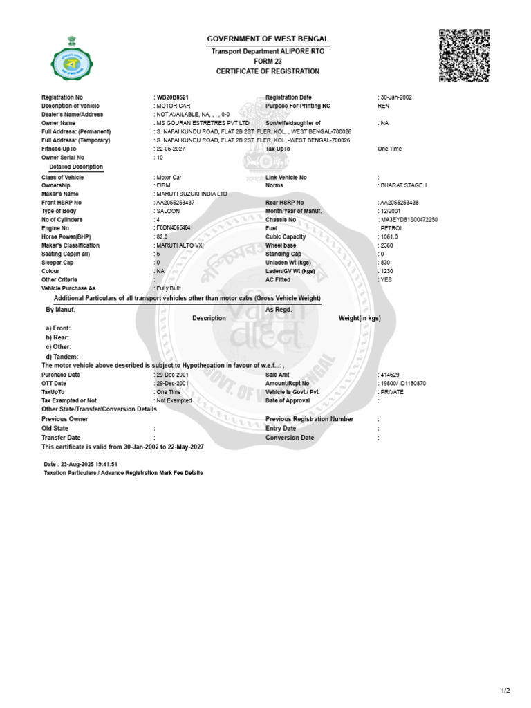 Vahan.parivahan.gov.in Vahanservice Vahan Ui Onlineservice Form 23 RC ...