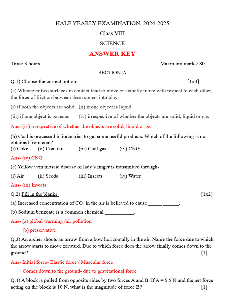 Class VIII Science Exam Answer Key | PDF | Pressure | Petroleum