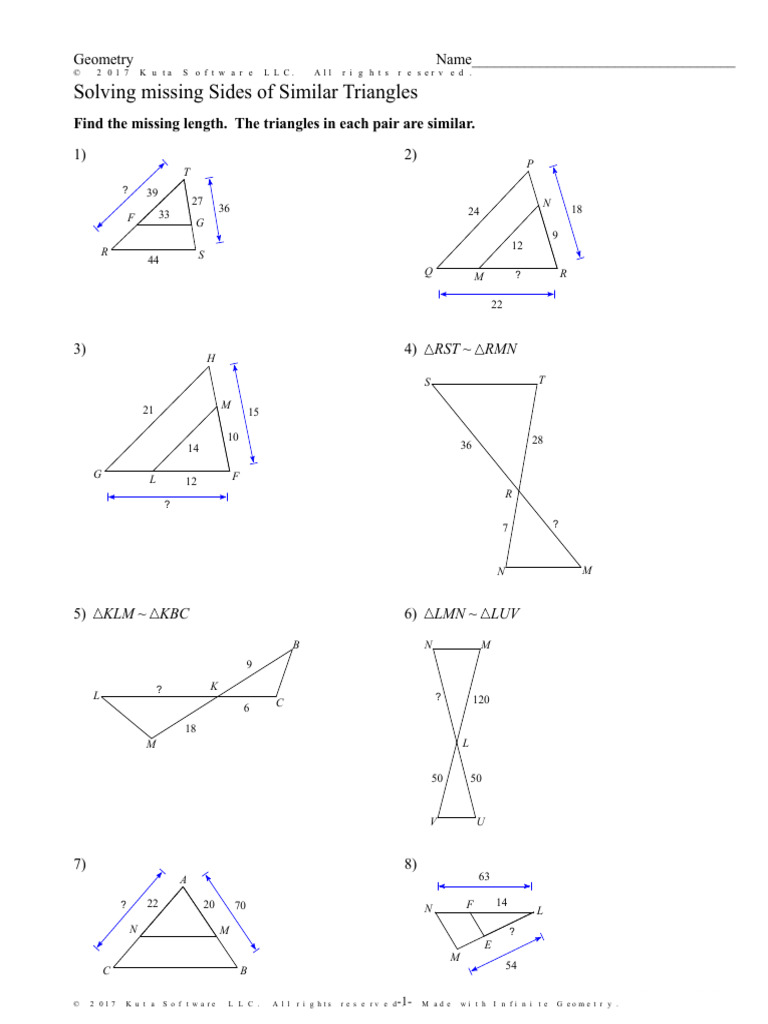 Missing Sides of Similar Triangles Worksheet | PDF | Elementary ...