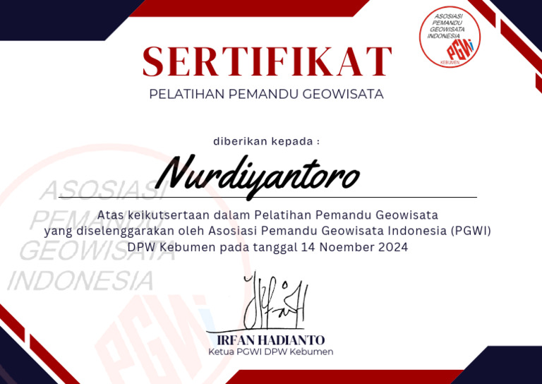 Sertifikat Pelatihan Pemandu Geowisata | PDF