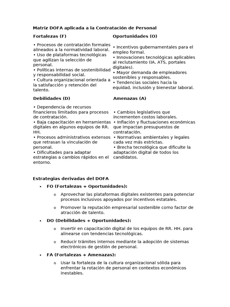Matriz DOFA en Contratación de Personal | PDF | Sustentabilidad ...