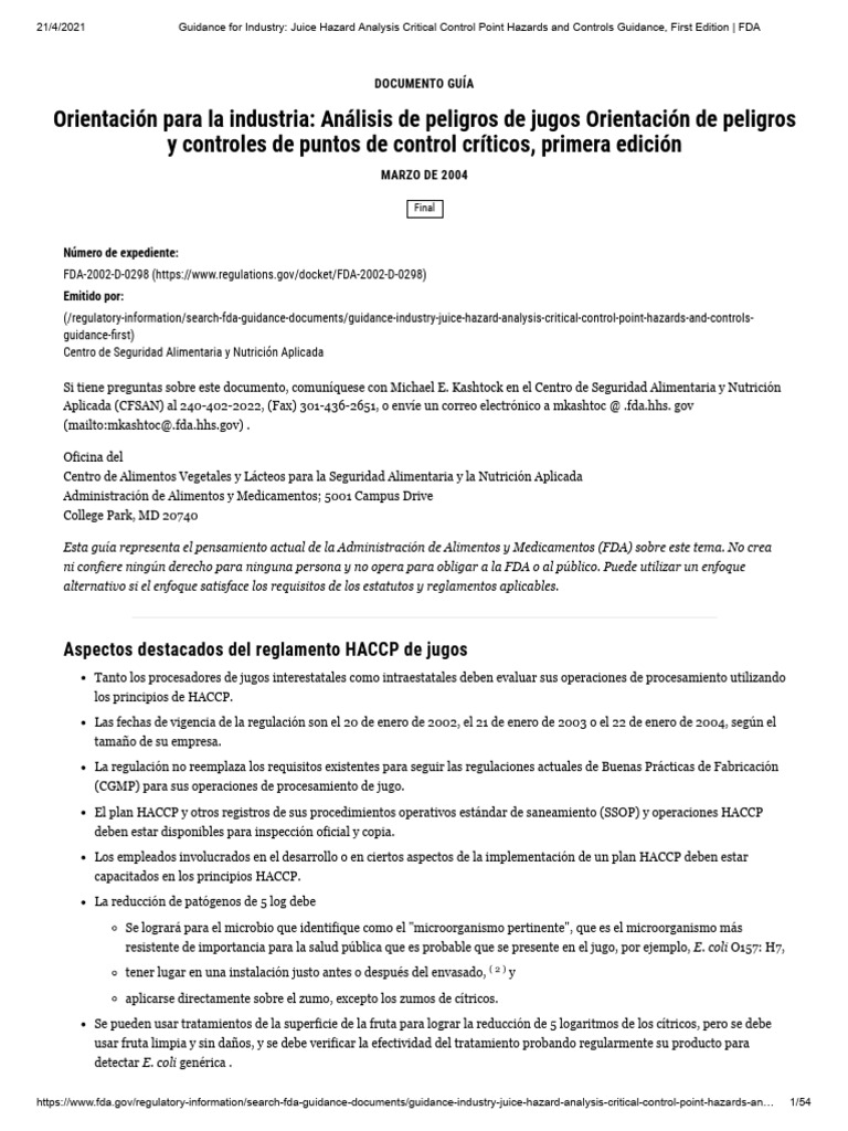 Guidance For Industry - Juice Hazard Analysis Critical Control Point ...
