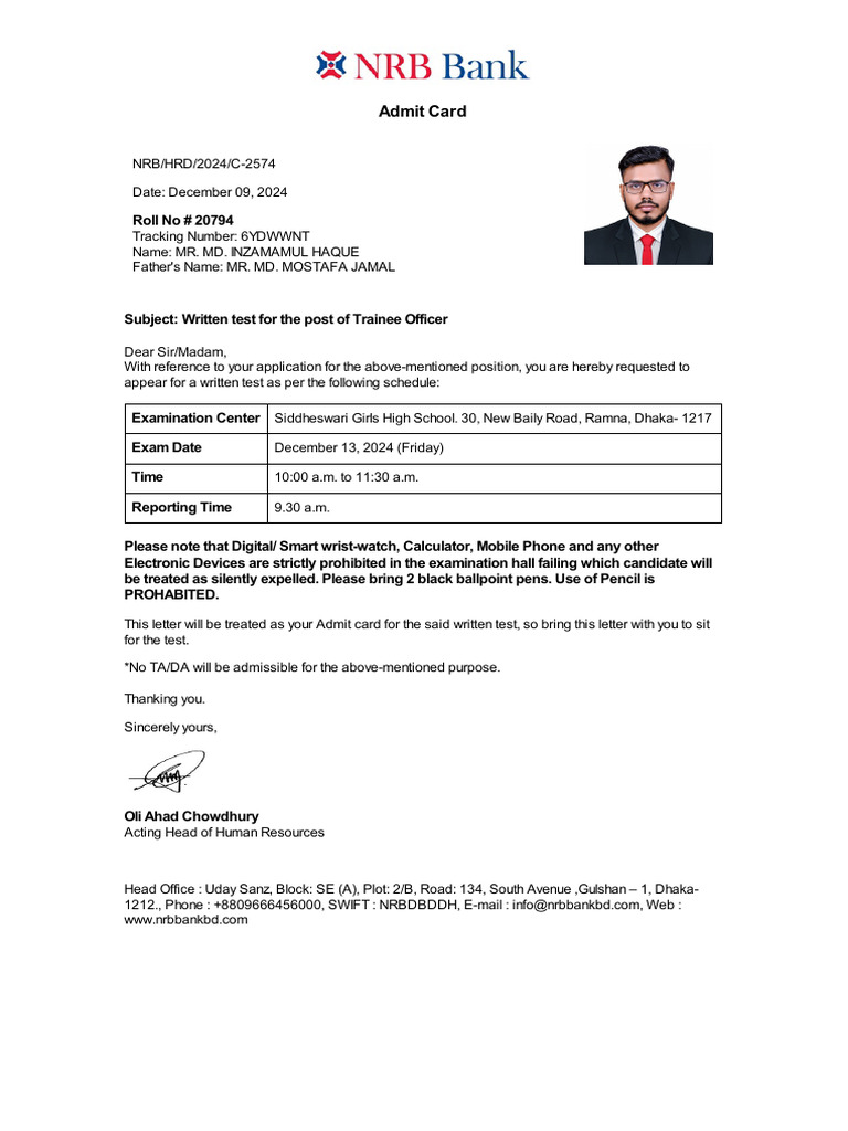 Admit Card for Trainee Officer Exam | PDF