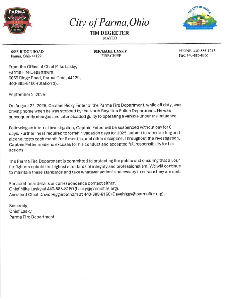 Parma Fire Chief Statement After OVI Arrest of Ricky Fetter | PDF