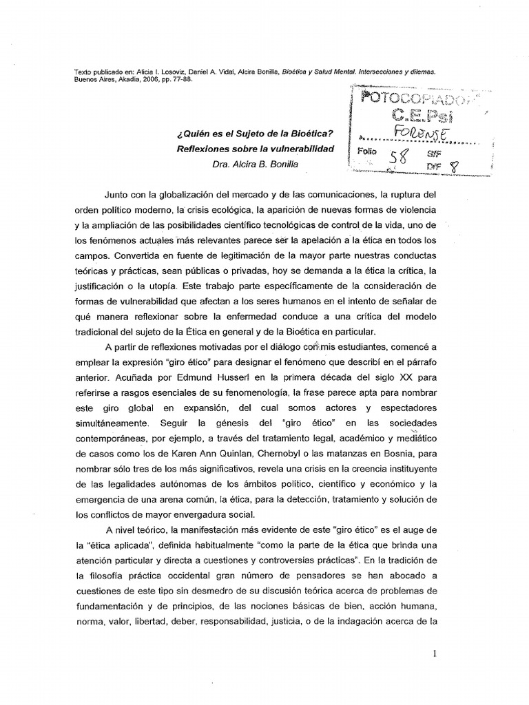 BONILLA (2006) ¿Quién Es El Sujeto de La Bioética Reflexiones Sobre La ...