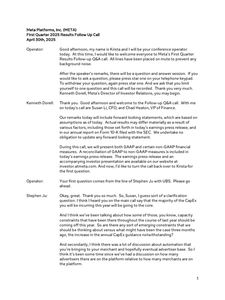 META Q1 2025 Follow Up Call Transcript | PDF | Advertising | Artificial ...
