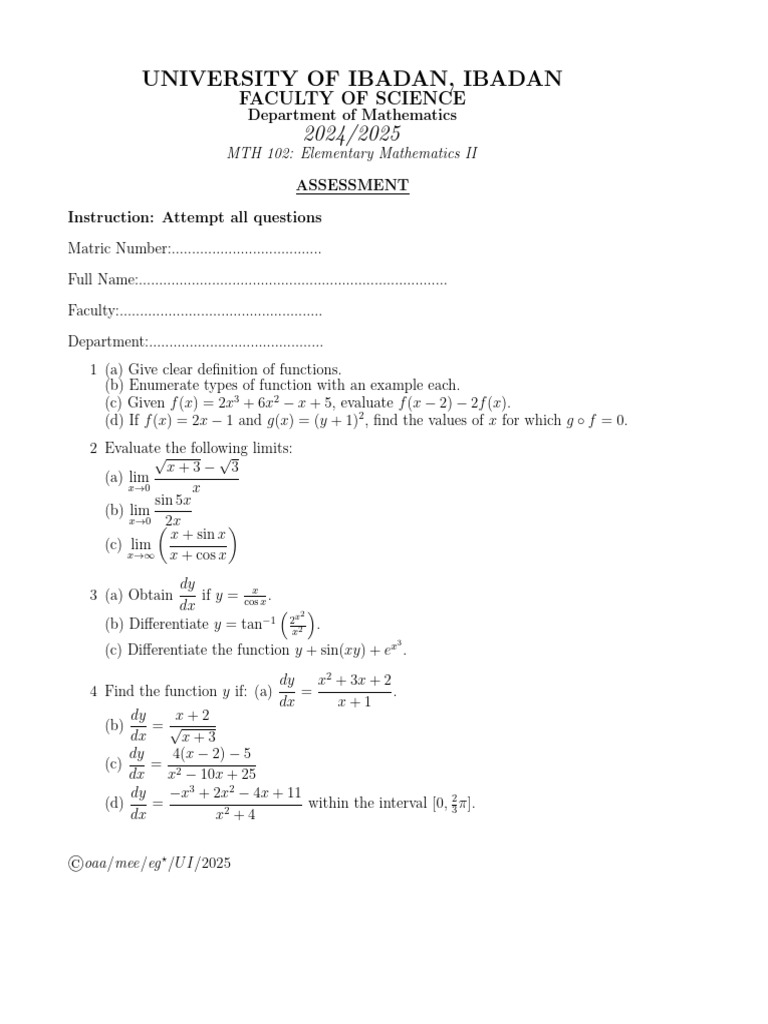 MTH 102 ASSESSMENT (To Be Submitted Upon Resumption) | PDF