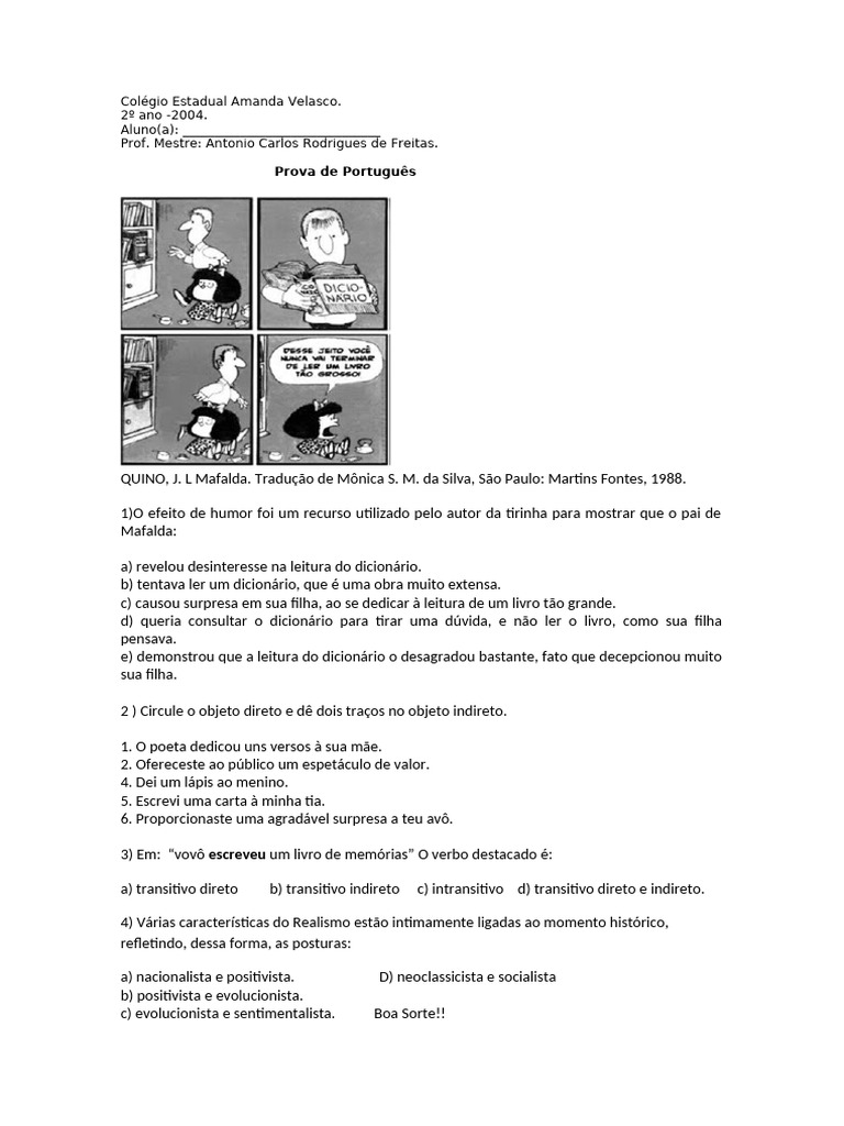 Prova de Português - 2º Ano 2004 | PDF