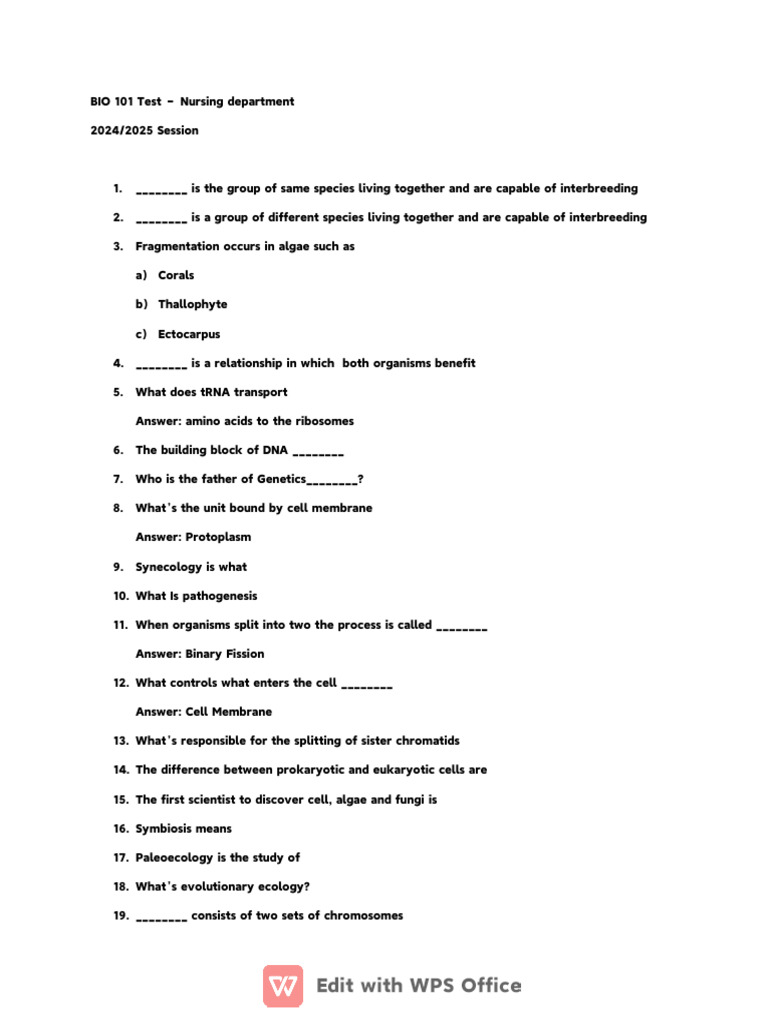 BIO 101 Nursing Test Questions 2024 | PDF | Cell (Biology) | Biology