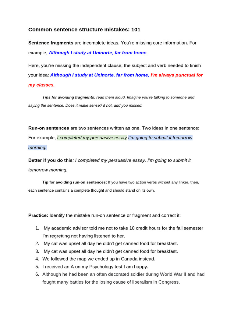Common Sentence Structure Mistakes - 101 | PDF