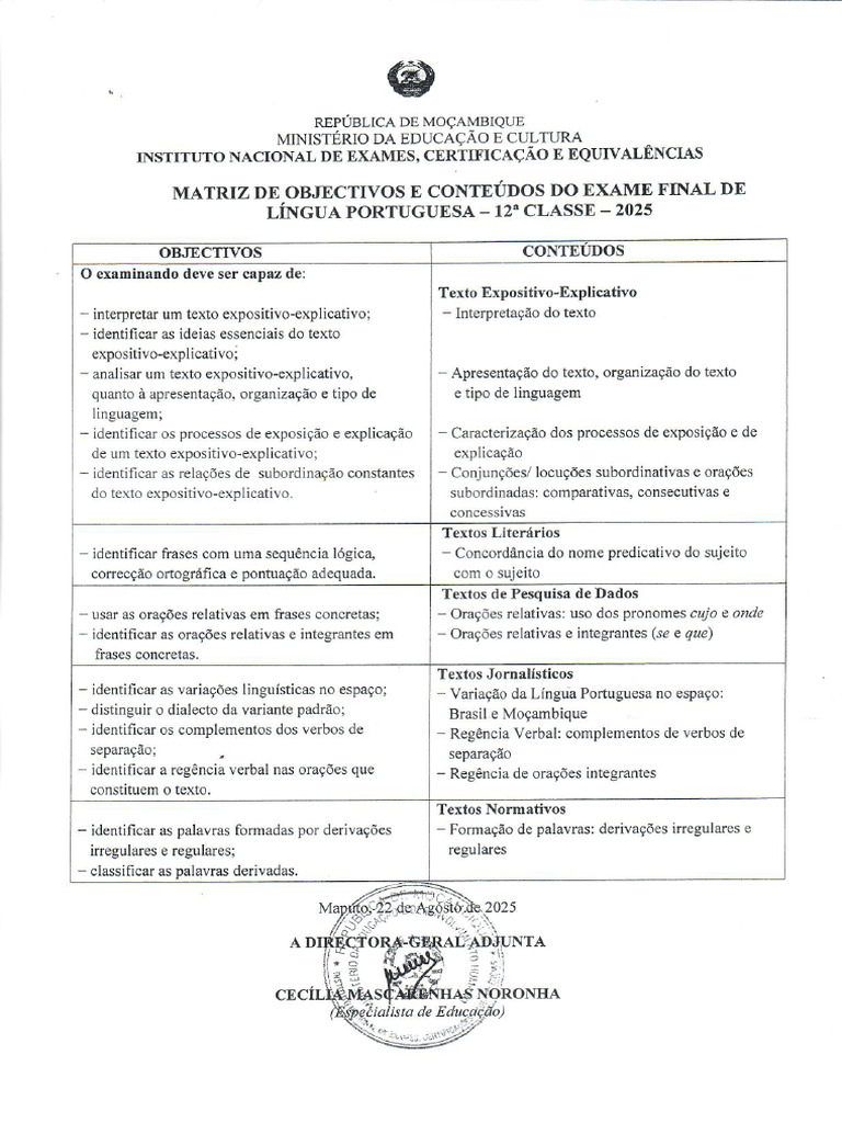 12a Classe - Matrizes de Objectivos e Conteudos Exames Finais 2025 | PDF