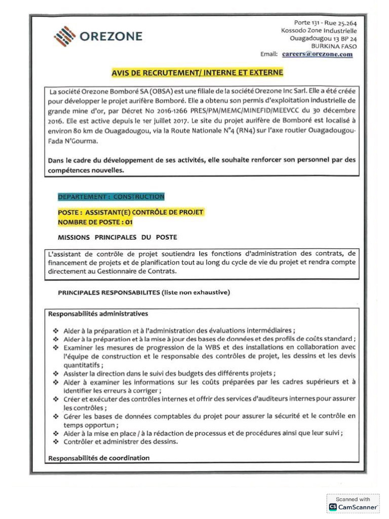 Assistant Projet OREZONE Mine | PDF