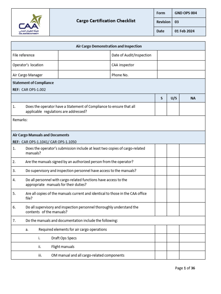 Air Cargo Certification Checklist Guide | PDF | Safety | Cargo