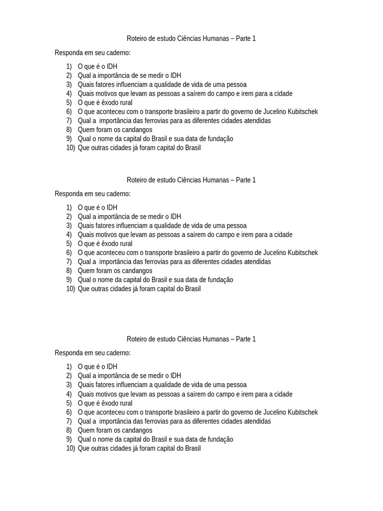 Roteiro de estudo Ciências Humanas | PDF