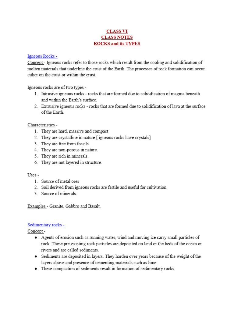 Igneous Rocks - : Class Vi Class Notes Rocks and Its Types | PDF | Rock ...