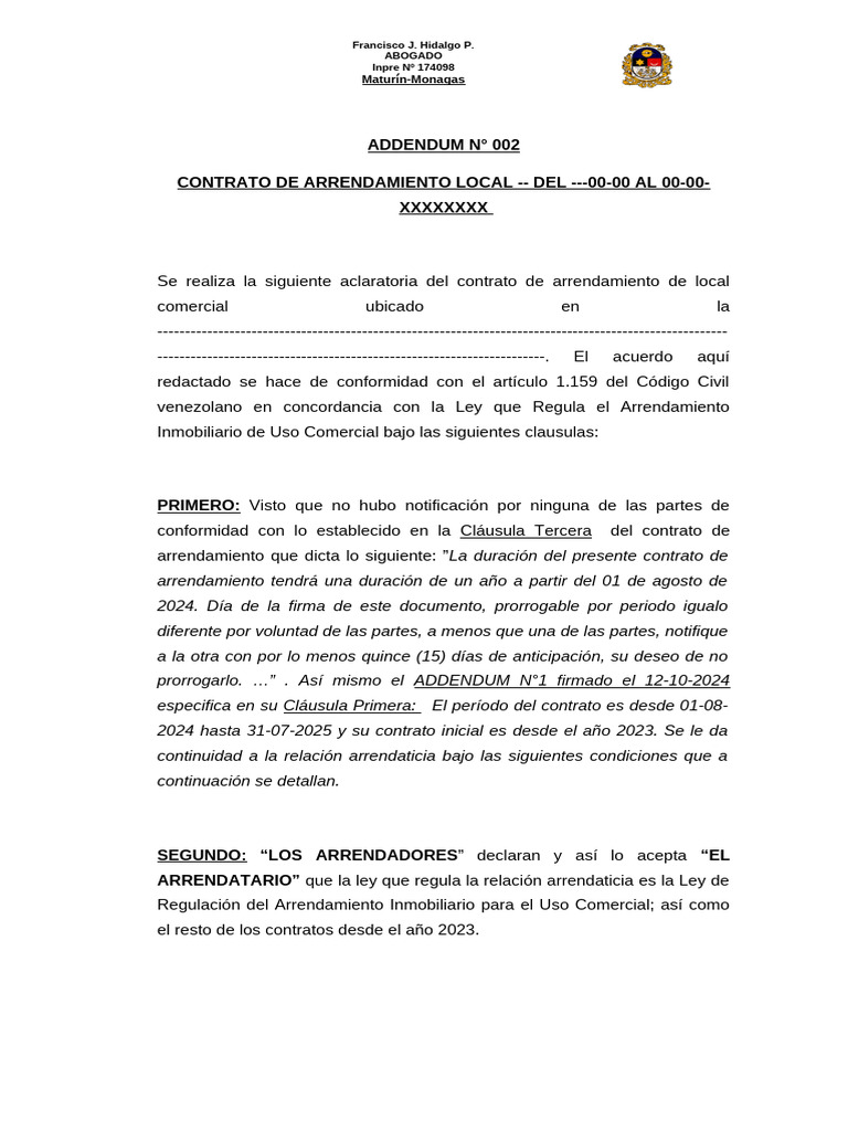 Addendum para Contrato de Arrendamiento | PDF