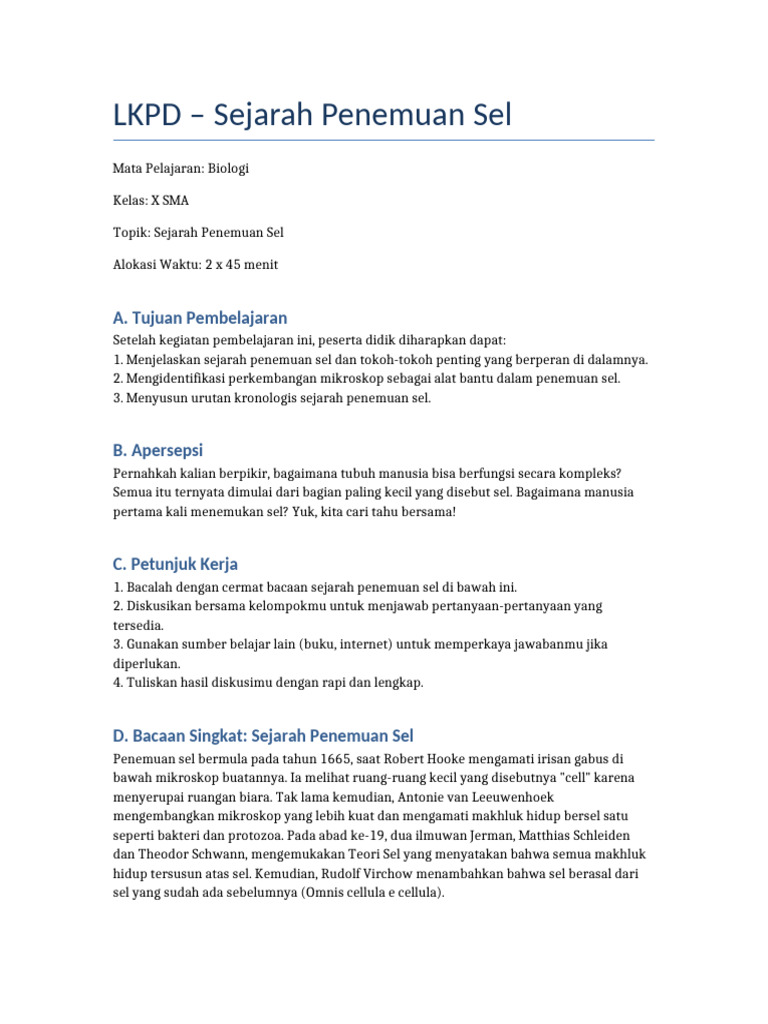 LKPD Sejarah Penemuan Sel | PDF