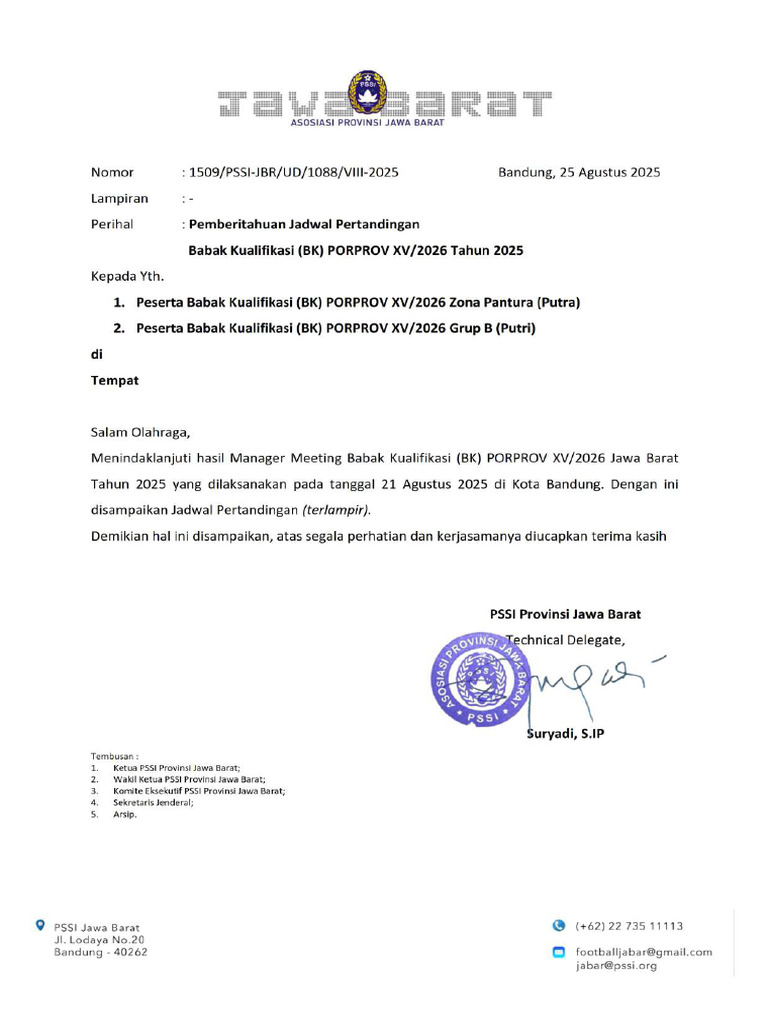 1509 UD 1088 - Pemberitahuan Jadwal Pertandingan BK PORPROV XV Tahun 2025 Zona Pantura (Putra ...