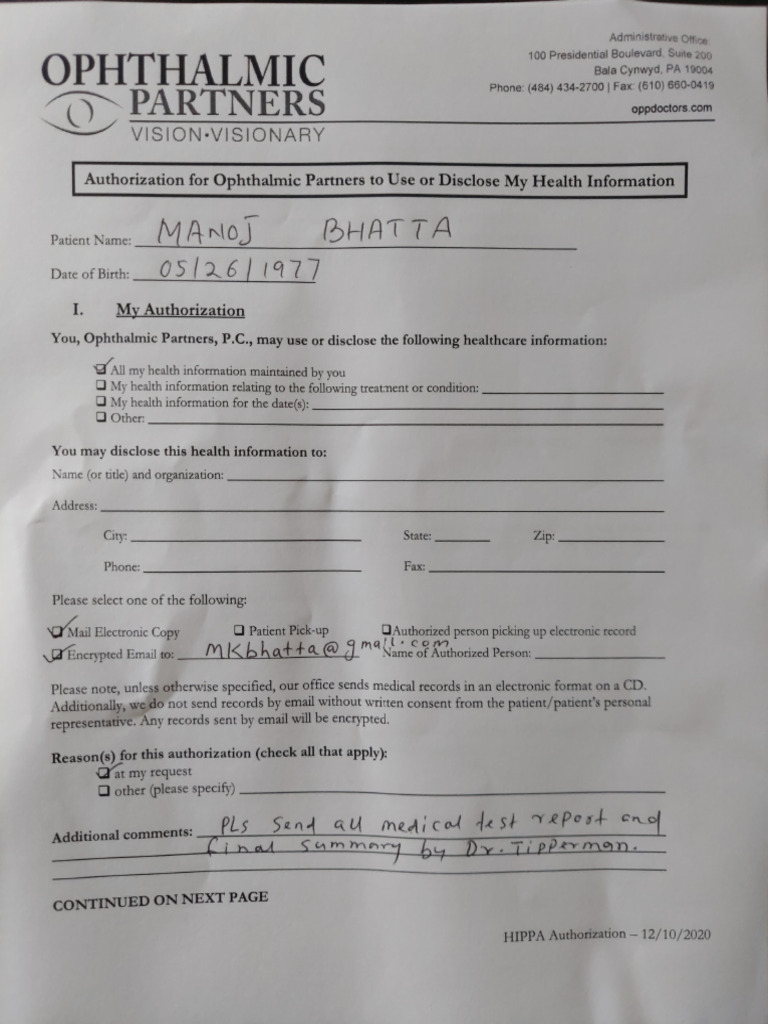 Ophthalmic Partners Health Info Authorization | PDF | Consent | Medicine