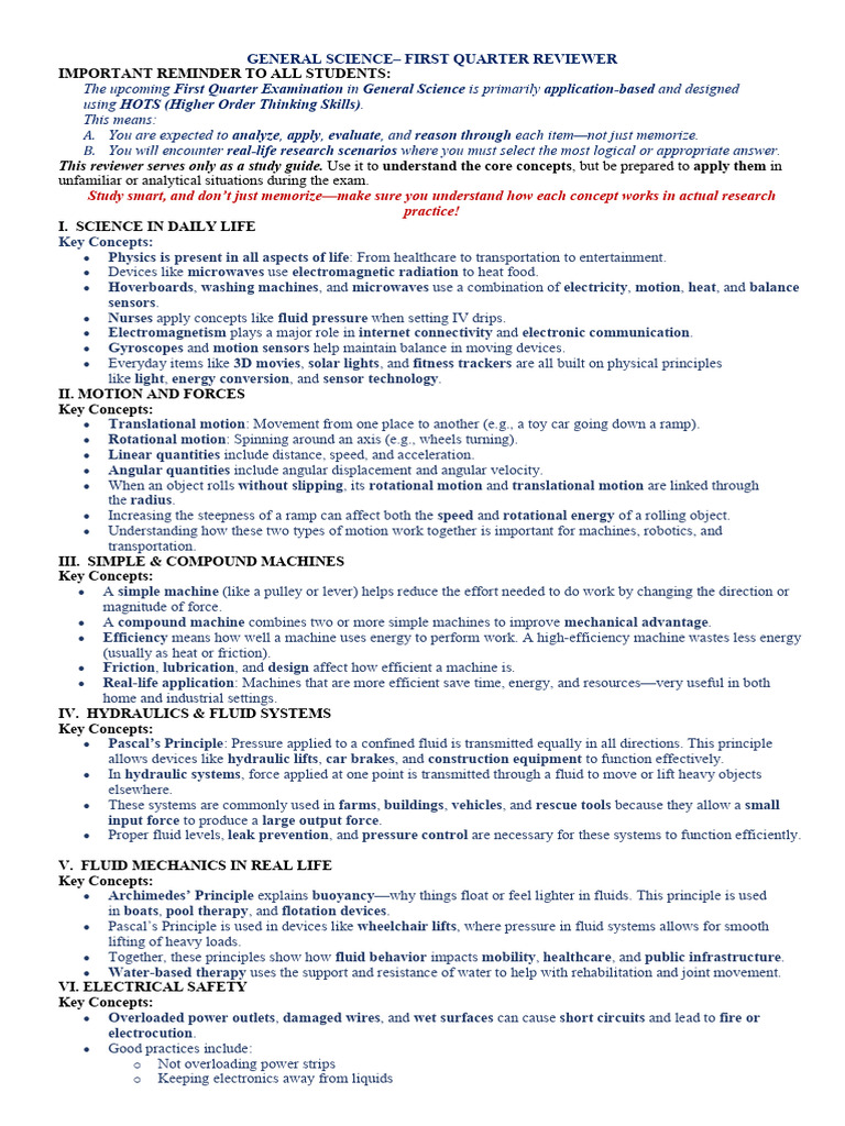 General Science First Quarter Exam Guide | PDF | Machines | Force