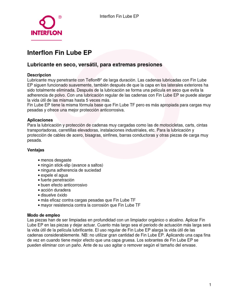 Lubricante Interflon Fin Lube EP | PDF | Lubricante | Sustancias químicas