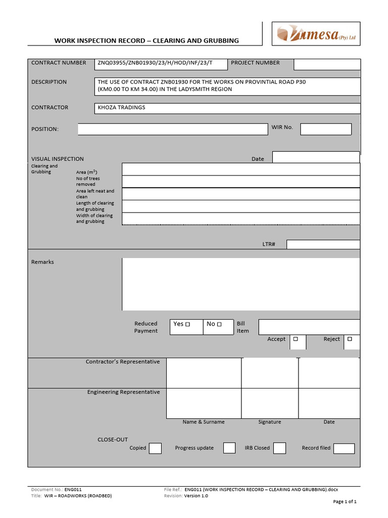 Work Inspection Record for Clearing | PDF