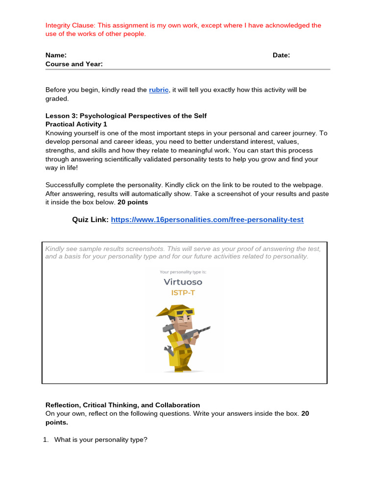 Personality Test Reflection Assignment | PDF
