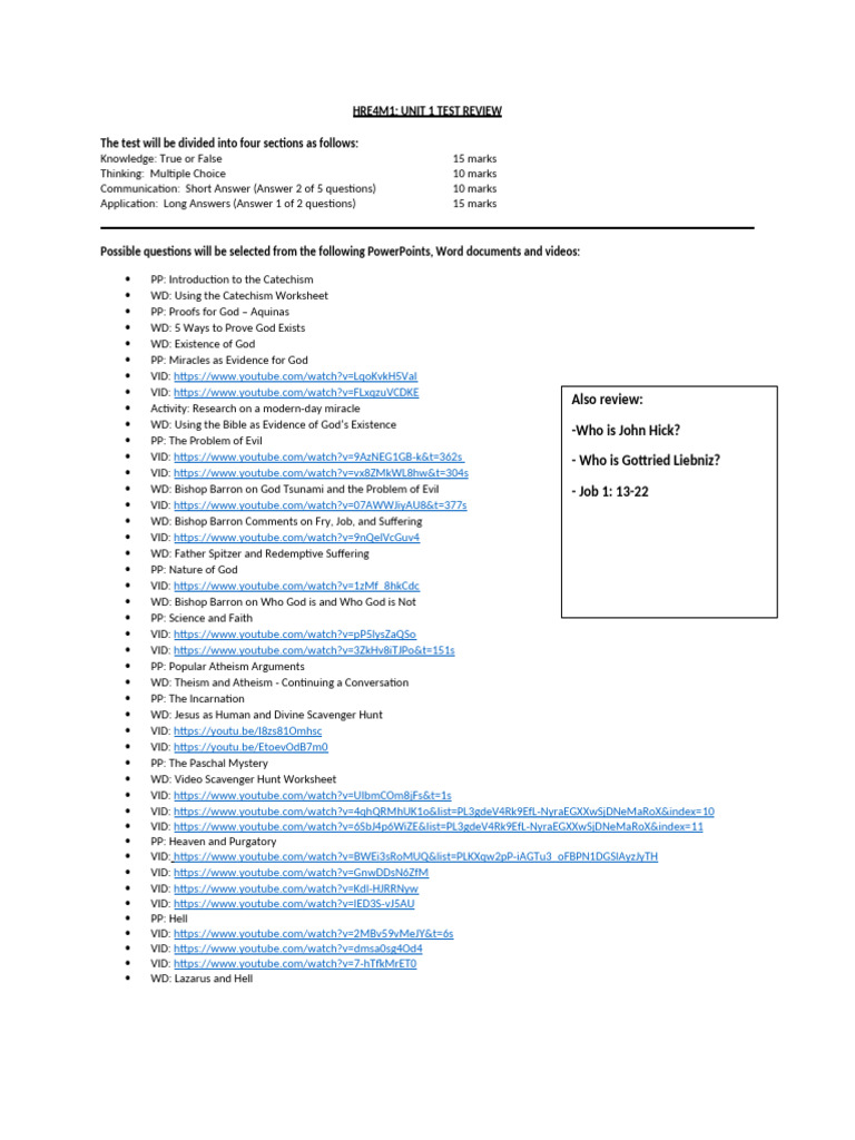 14 Unit 1 Test Review | PDF | Existence Of God | God