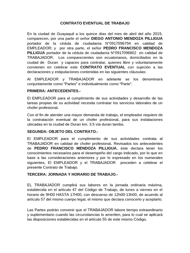 Contrato Eventual de Trabajo | PDF | Salario